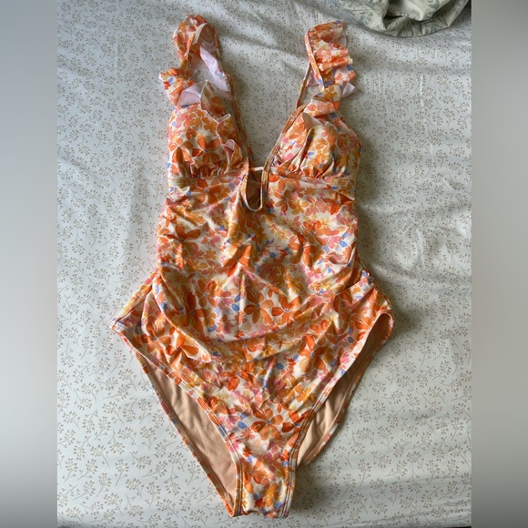 Cupshe | Swim | Cupshe Orange Floral Ruffle One Piece Bathing Suit ...